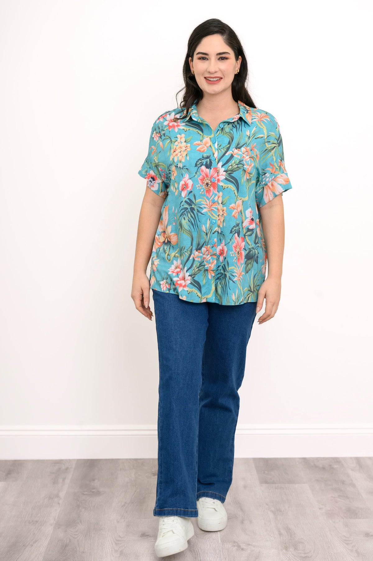 Carolina Blouse, Teal Fiji, Linen Bamboo – LTD USA WEBSITE BLUE SKY