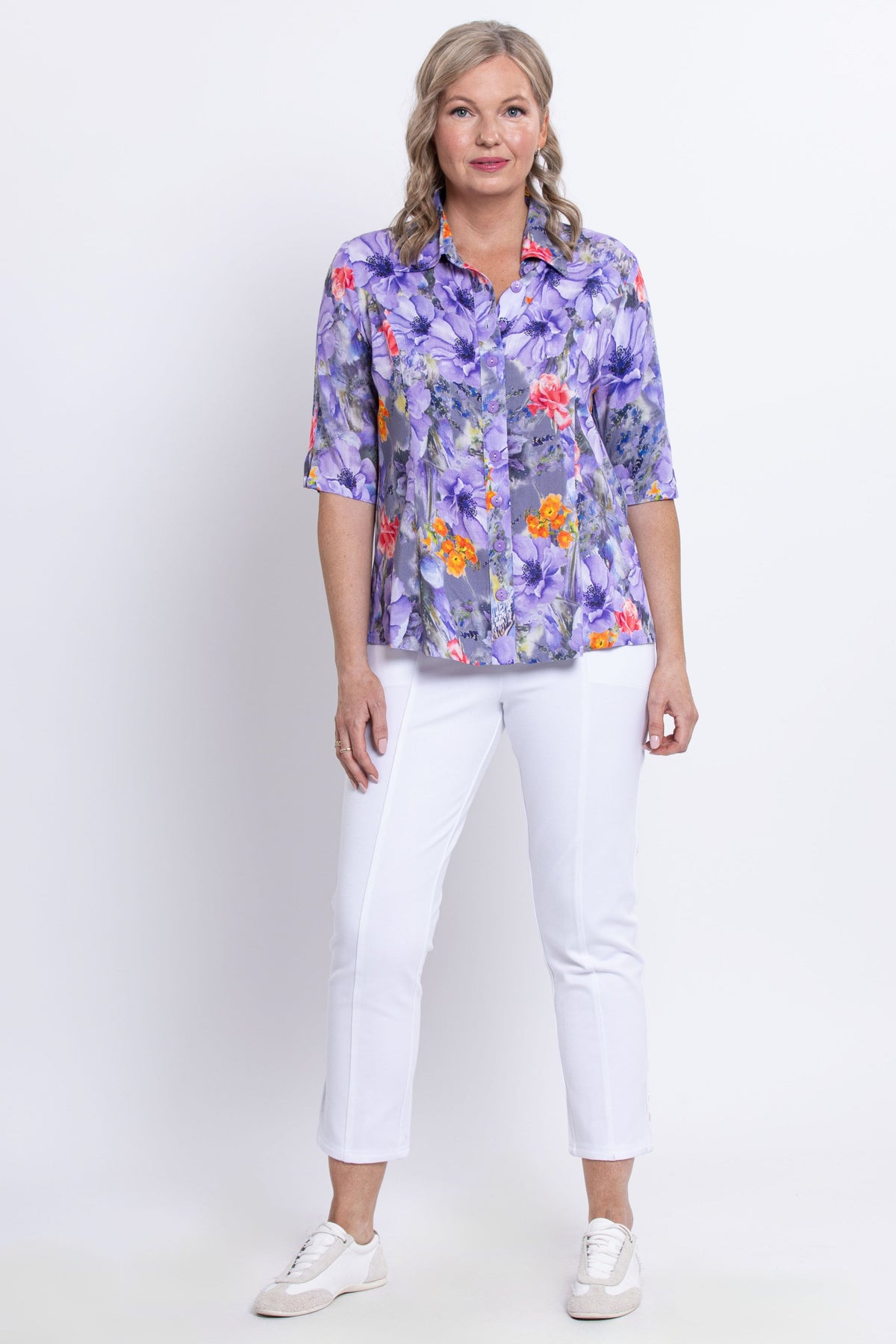 Lorine Blouse, Violet Bloom, Linen Bamboo – LTD USA WEBSITE BLUE SKY