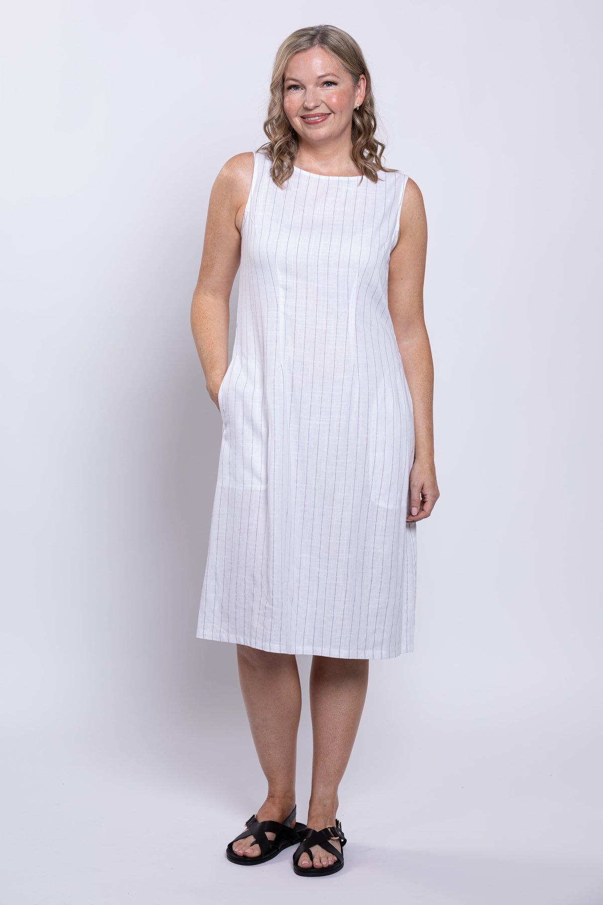 Patricia Dress, White Stripe, Linen Bamboo – LTD USA WEBSITE BLUE SKY