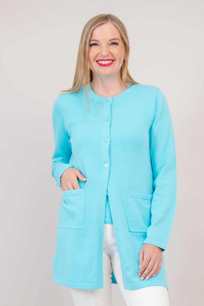 Tommy Cardigan, Turquoise, Cotton – LTD USA WEBSITE BLUE SKY